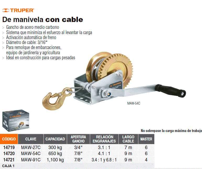 MALACATE CON CABLE TRUPER 910 KG x 9.0 MT MAW 91C Construcción e ...